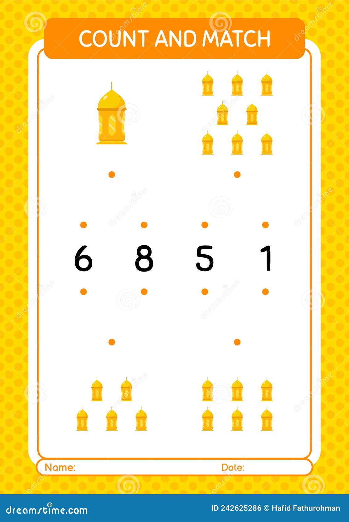 Count and Match Game with Arabic Lantern. Worksheet for Preschool Kids ...