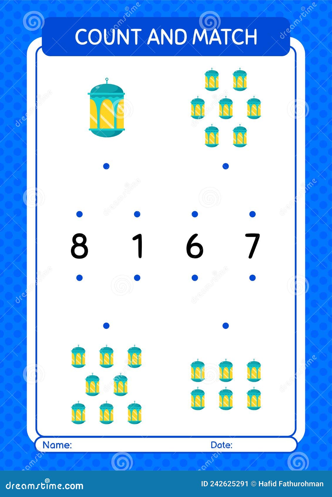 Count and Match Game with Arabic Lantern. Worksheet for Preschool Kids ...