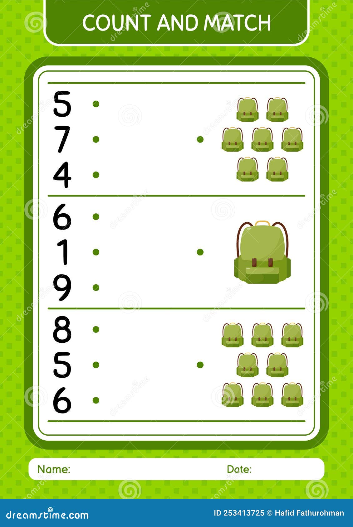Count and Match Game with Backpack. Worksheet for Preschool Kids, Kids ...