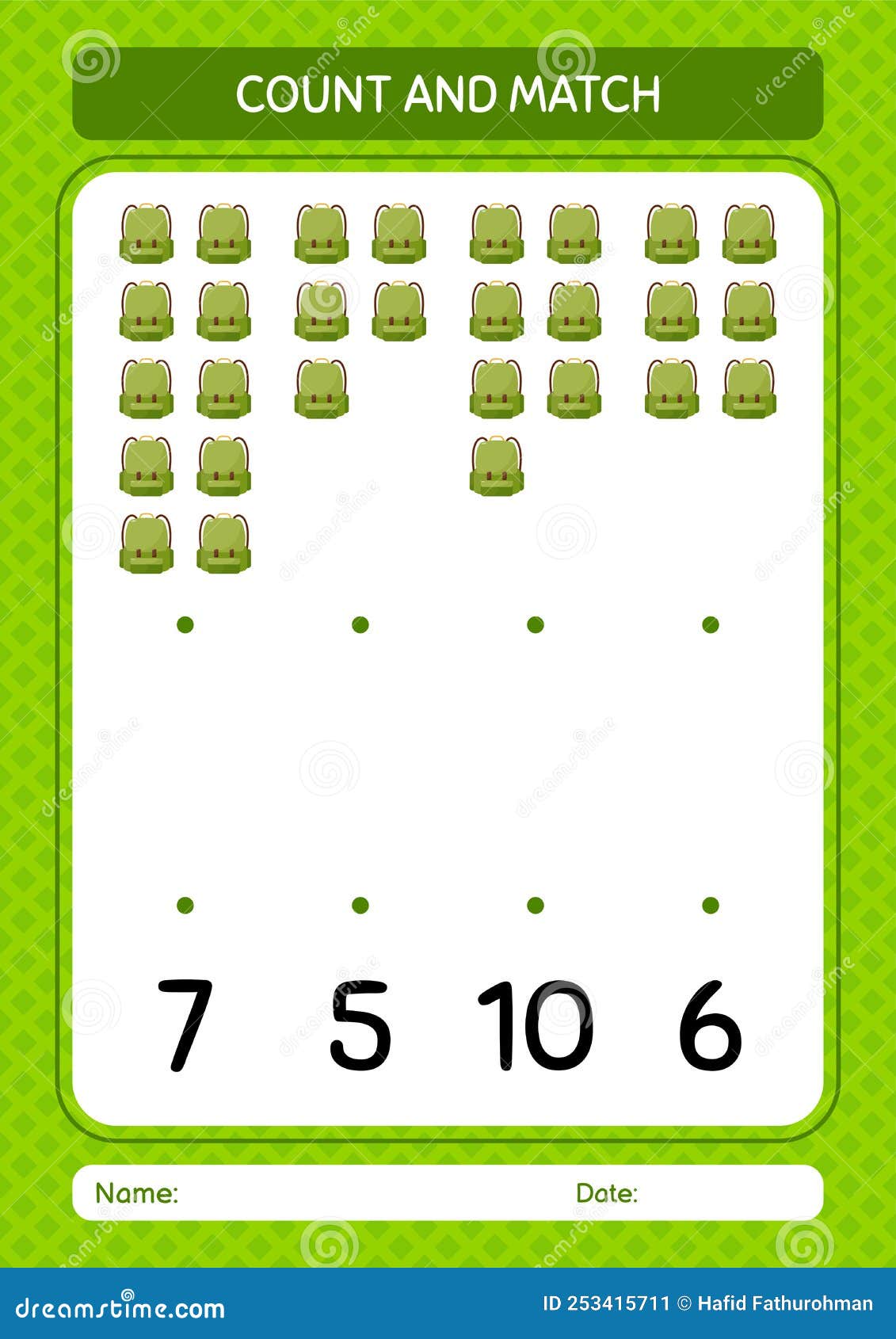 Count and Match Game with Backpack. Worksheet for Preschool Kids, Kids ...
