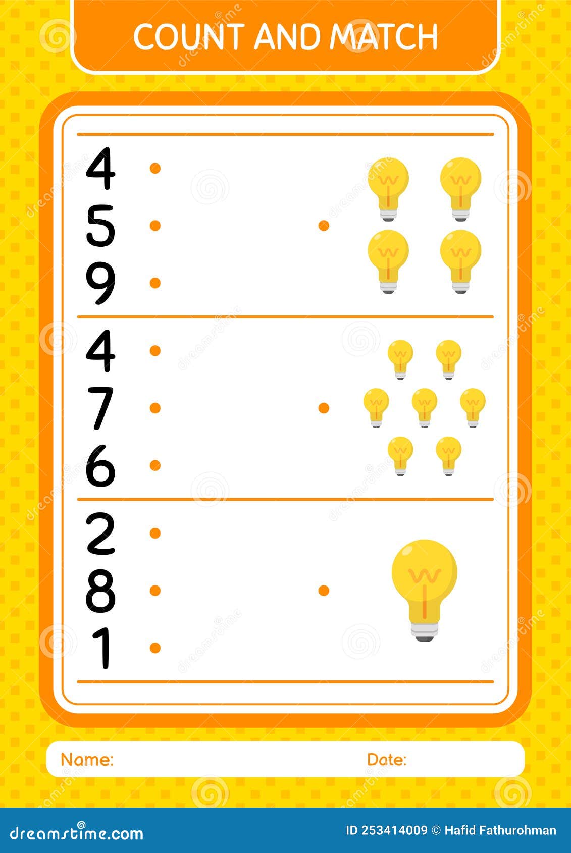 Count and Match Game with Light Bulb. Worksheet for Preschool Kids ...