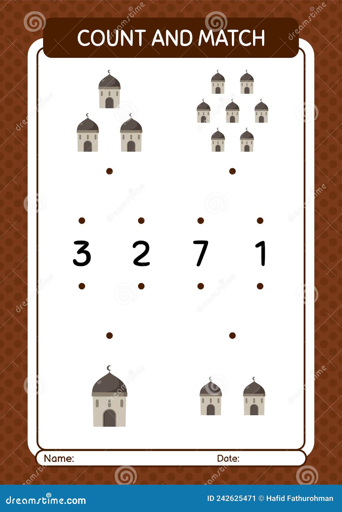 Count and Match Game with Mosque. Worksheet for Preschool Kids, Kids ...