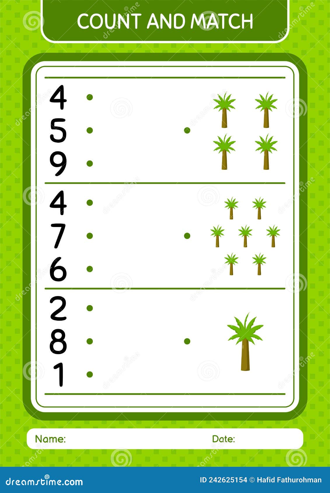 Count and Match Game with Palm Tree. Worksheet for Preschool Kids, Kids ...