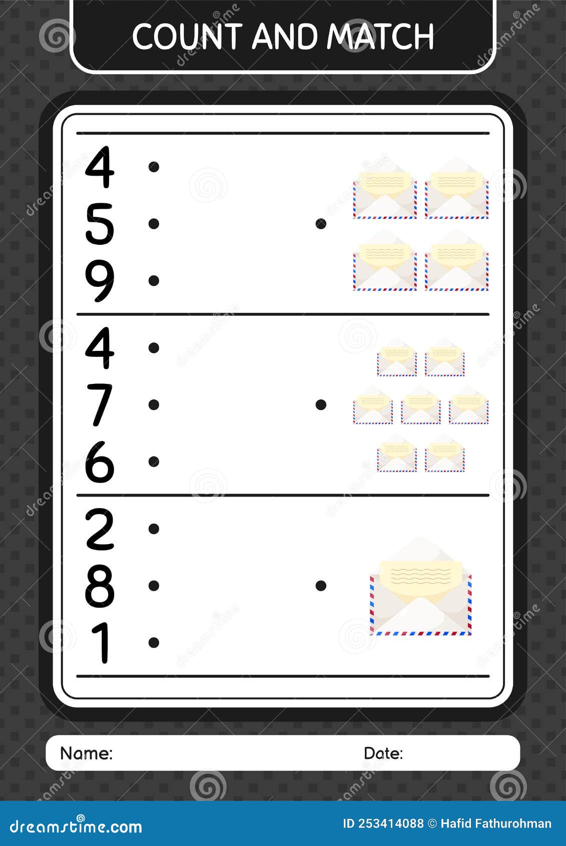 Count and Match Game with Paper Mail. Worksheet for Preschool Kids ...