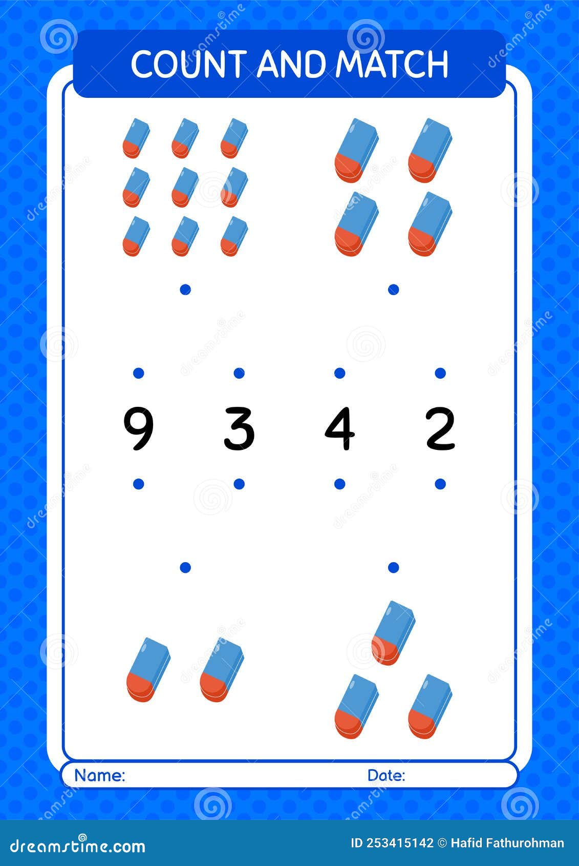 Count and Match Game with Rubber Eraser. Worksheet for Preschool Kids ...