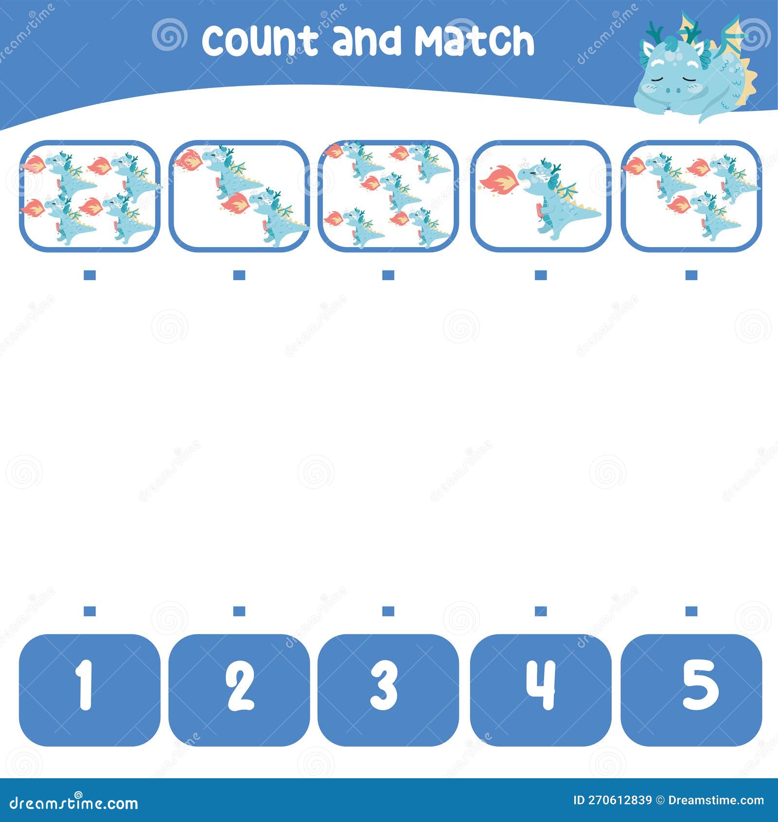 Counting Worksheet for Kids with Kawaii and Cute Baby Dragon Cartoon ...