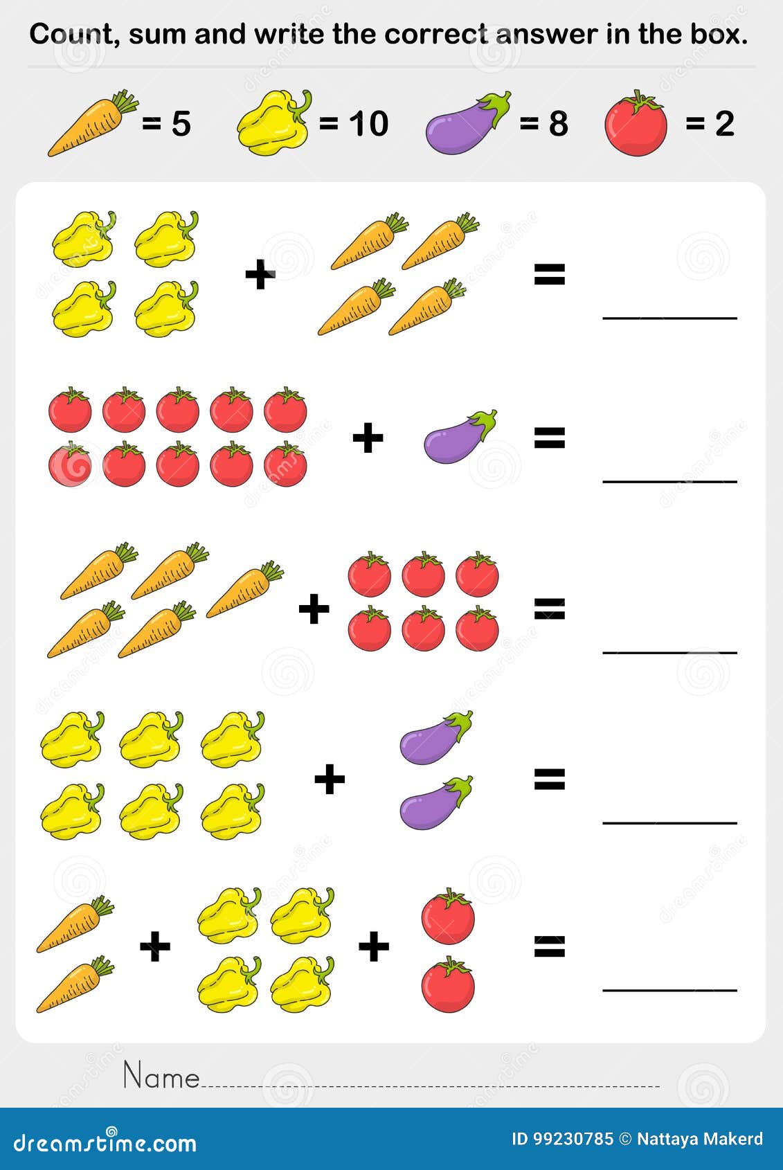 Count and Sum Vegetable Then Write the Correct Answer Stock Vector ... Count and Sum Vegetable Then Write the Correct Answer Stock Vector ...