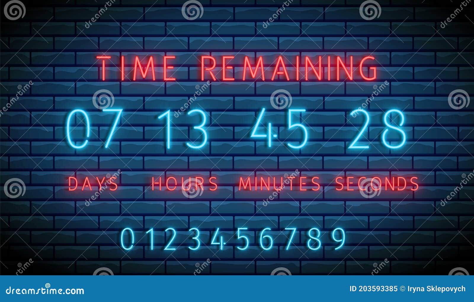 Countdown Timer. Neon Clock Counter. Glowing Scoreboard on Brick Wall ...