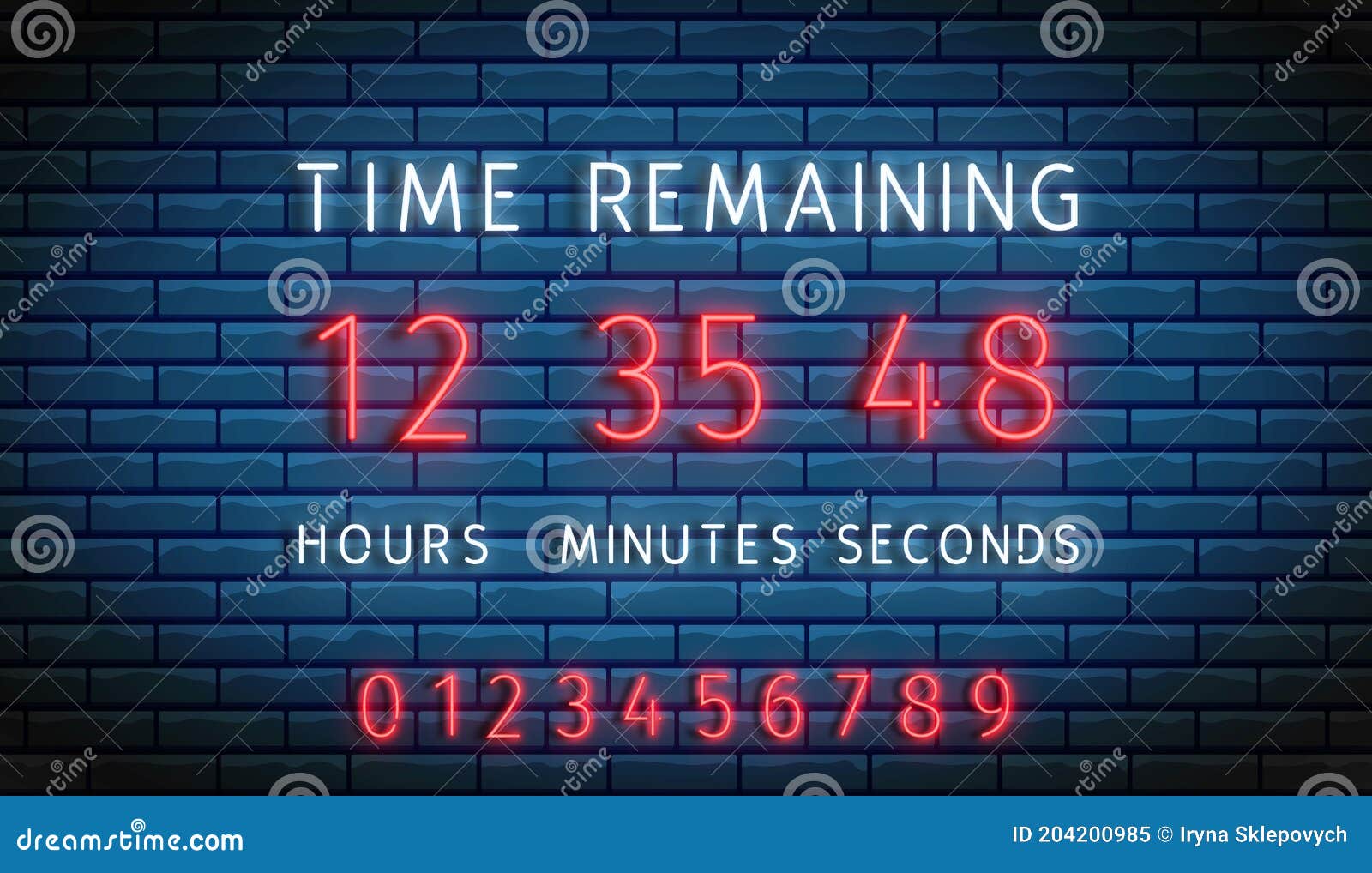 Neon Countdown Timer. Clock Counter. Glowing Scoreboard on Brick Wall ... Neon Countdown Timer. Clock Counter. Glowing Scoreboard on Brick Wall ...