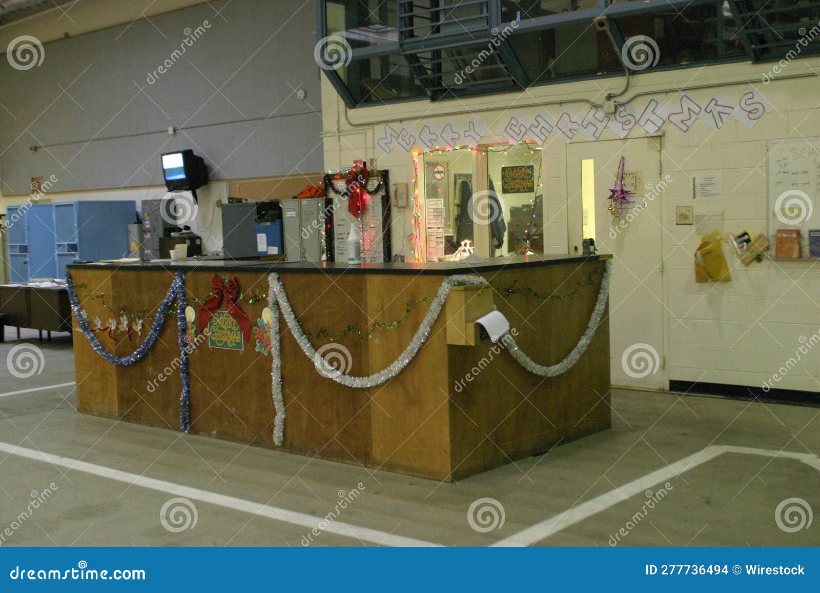 Counter Decorated with Christmas Decorations in a School Gym. Editorial ...