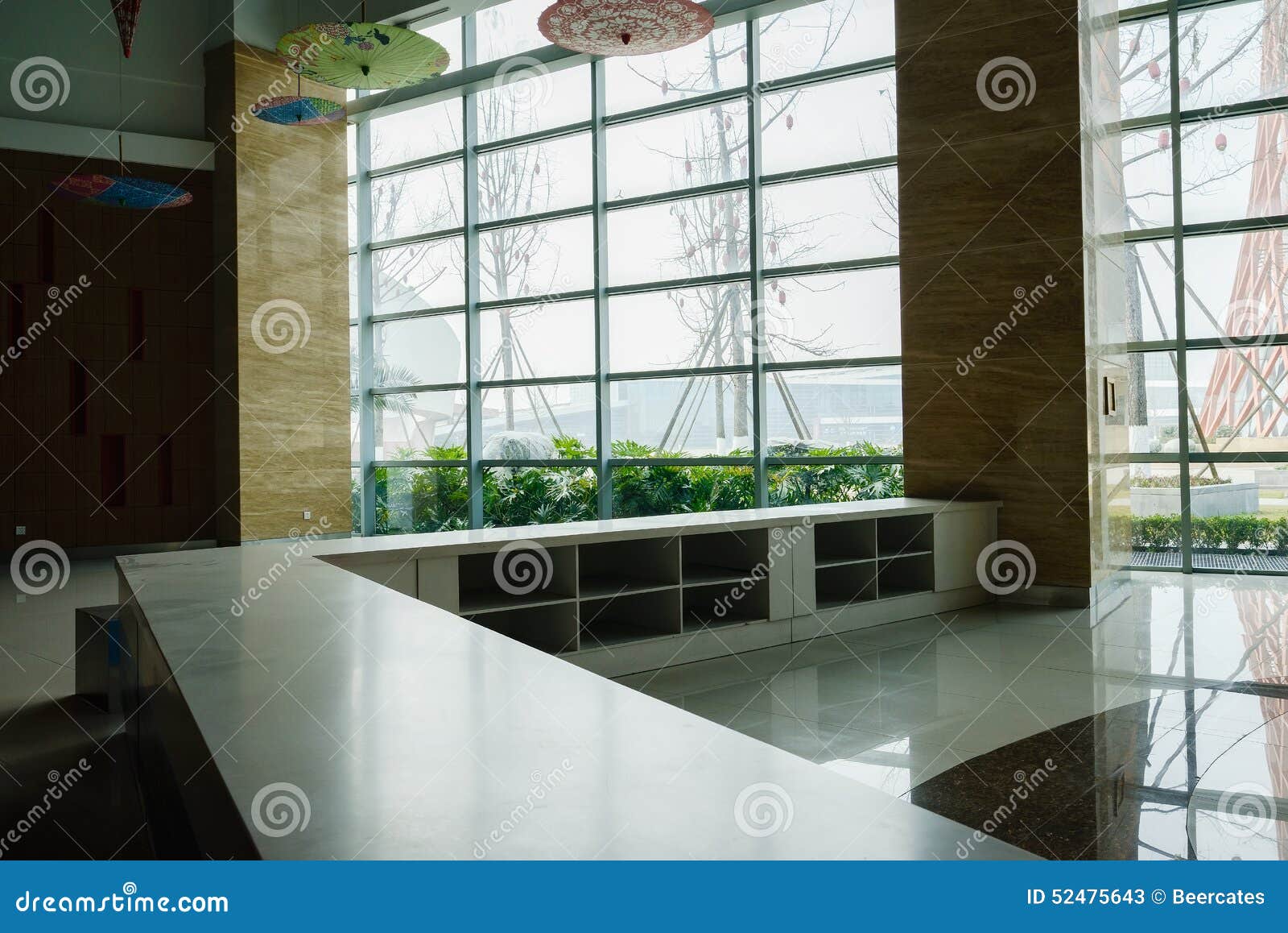 Counter in Hall with Large Glass Wall Stock Image - Image of window ...