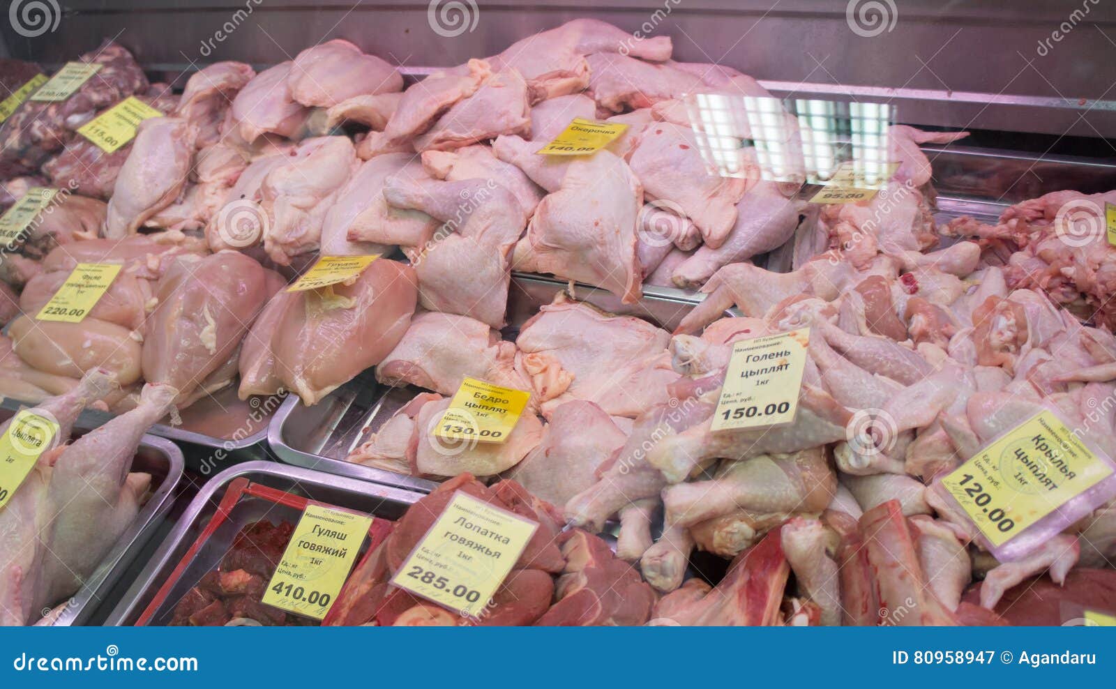 Counter with Meat and Poultry in the Market Stock Image - Image of skin ...