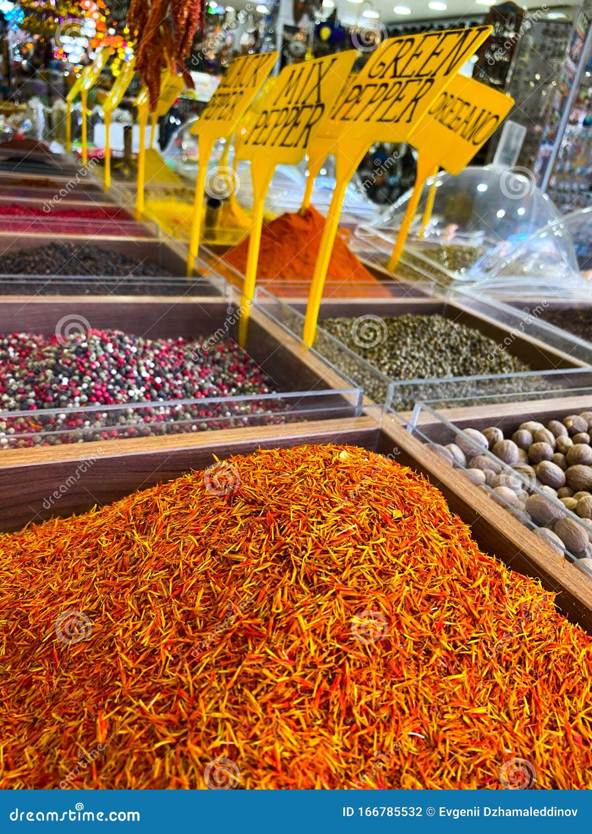 Counter with Turkish Spices and Price Tags Stock Photo - Image of ...