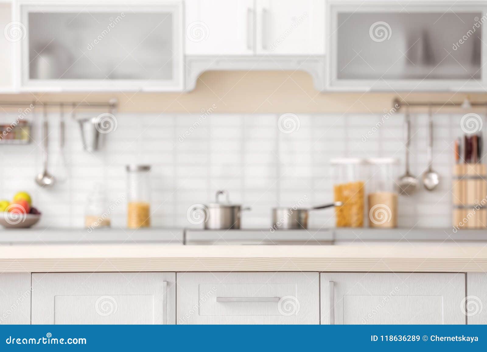 Countertop and Blurred View of Kitchen Interior Stock Image - Image of ...
