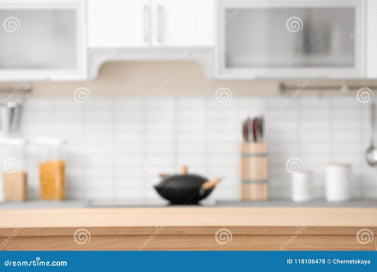 Countertop and Blurred View of Kitchen Interior Stock Photo - Image of ...