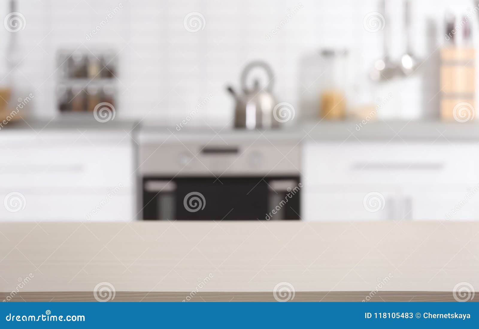 Countertop and Blurred View of Kitchen Interior Stock Image - Image of ...