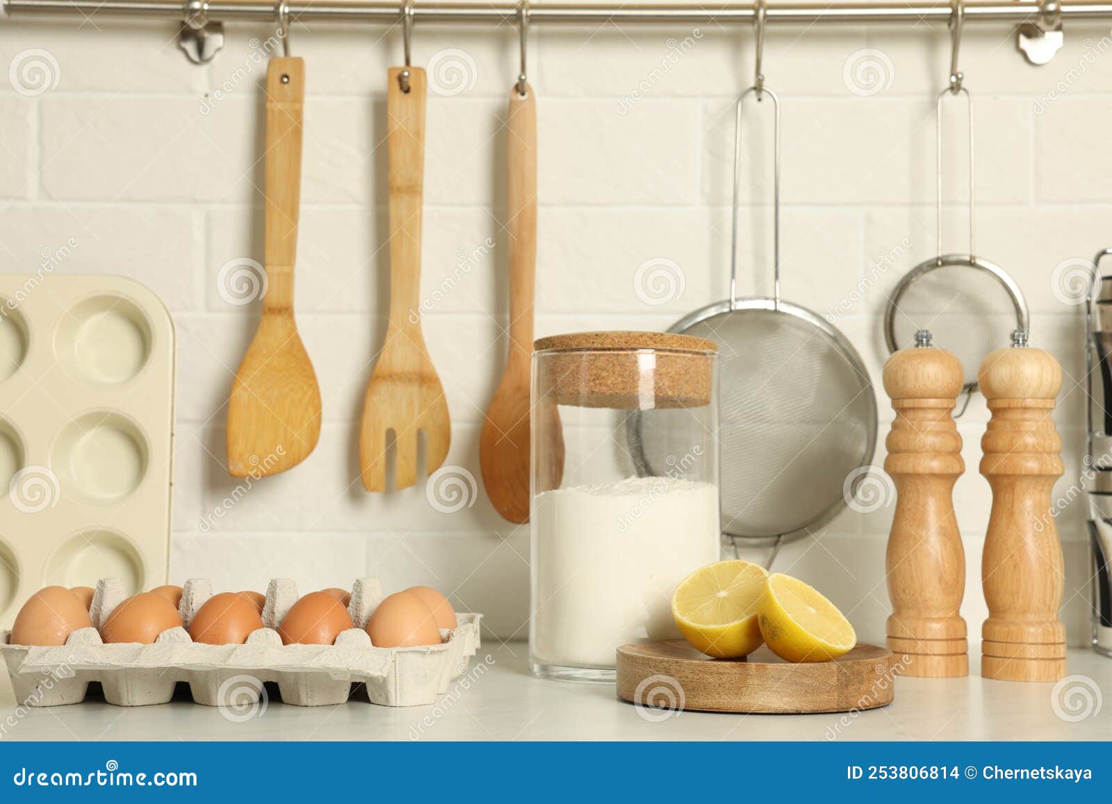 Countertop with Cooking Utensils and Products in Kitchen Stock Photo ...