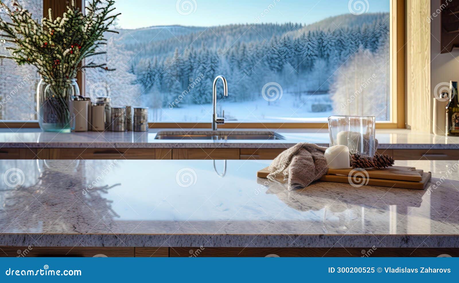 A Countertop with a Cozy Kitchen Interior and a View of a Snowy ...