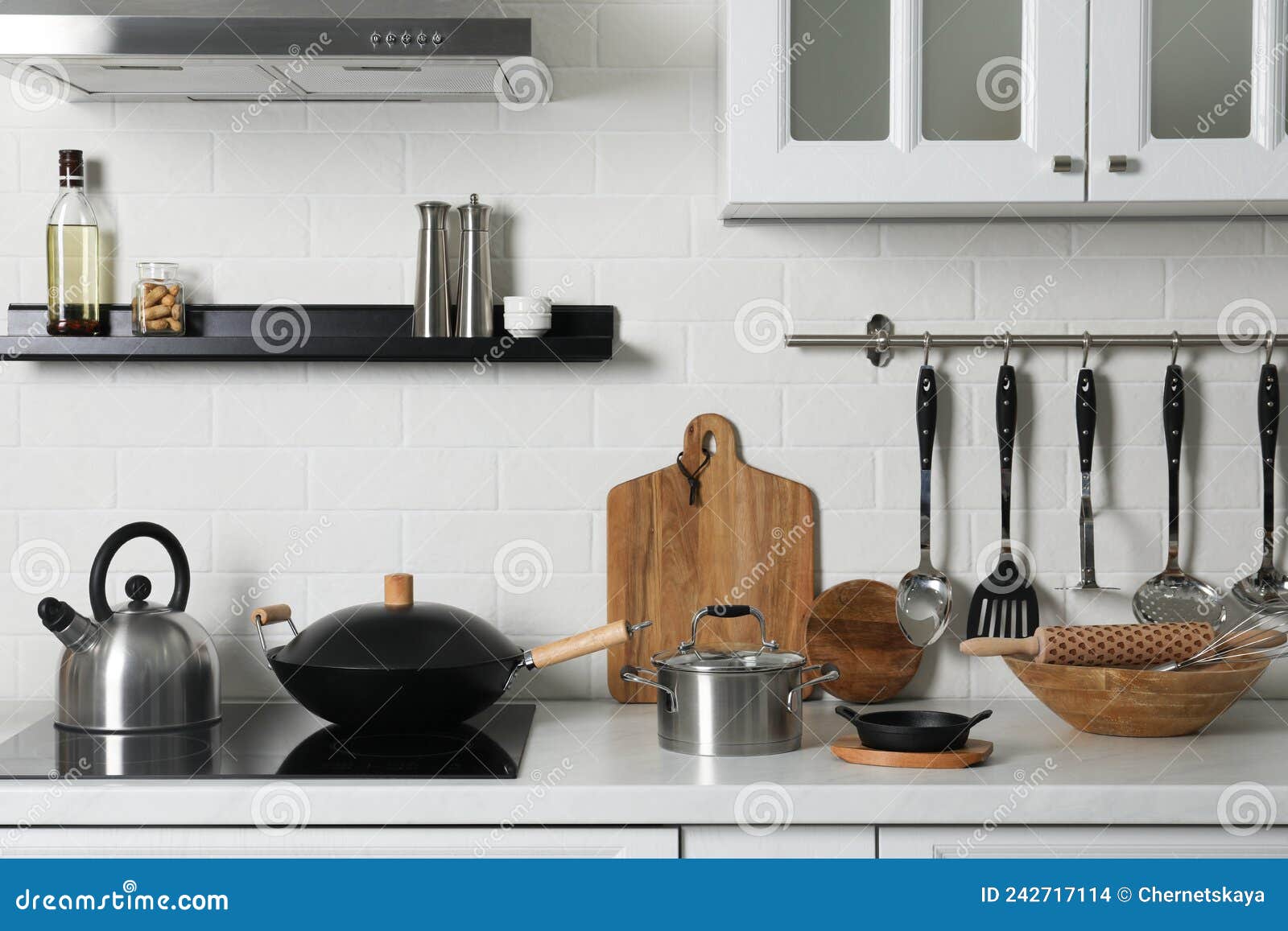 Countertop with Different Cooking Utensils in Kitchen Stock Photo ...