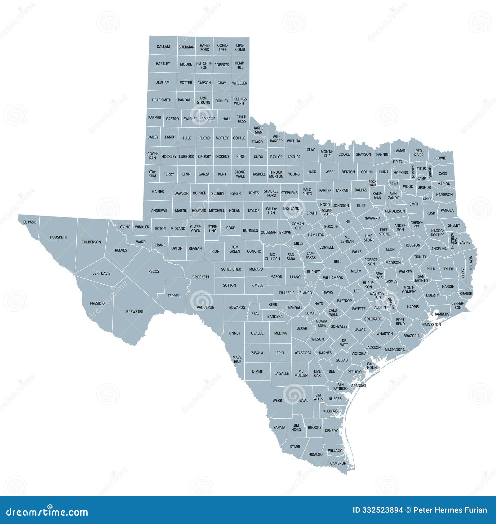 Texas, U.S. State, Subdivided into 254 Counties, Gray Political Map ...