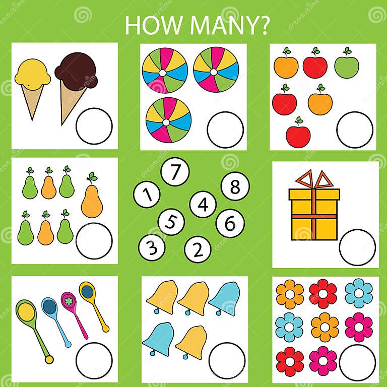 Counting Educational Children Game. How Many Objects Task Stock Vector ...