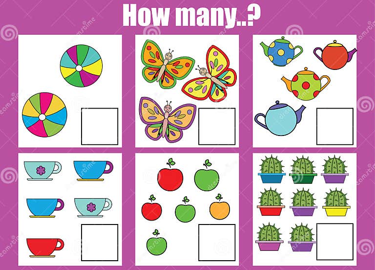 Counting Educational Children Game. How Many Objects Task Stock Vector ...