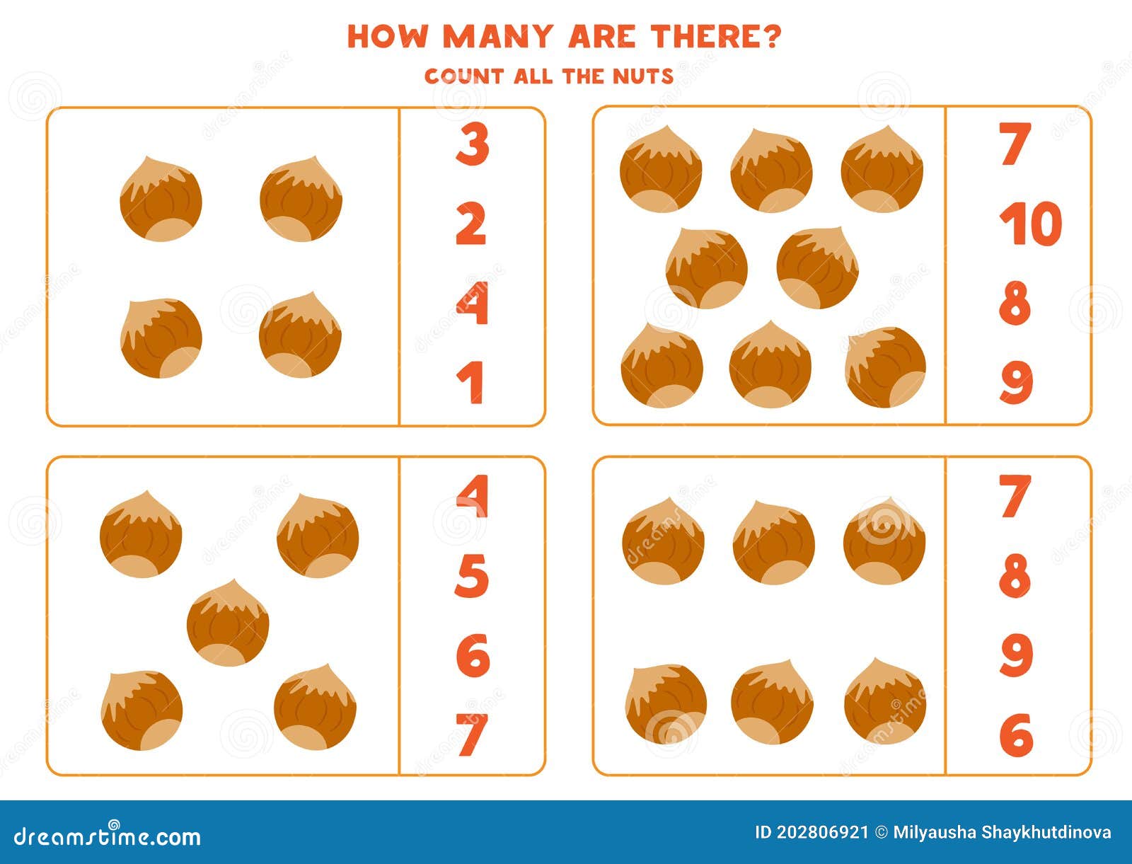 Counting Game with Cartoon Hazelnuts. Educational Math Worksheet Stock ...