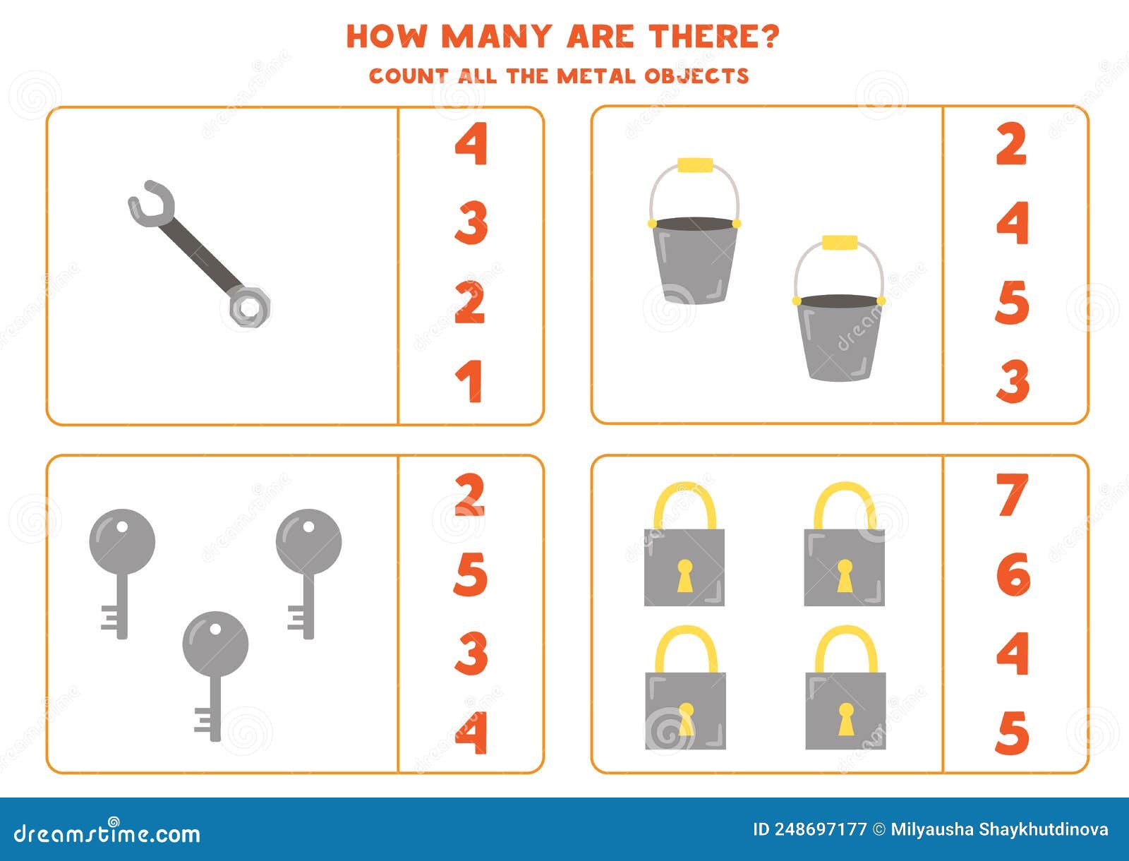Counting Game with Cartoon Metal Objects. Educational Worksheet. Stock ...