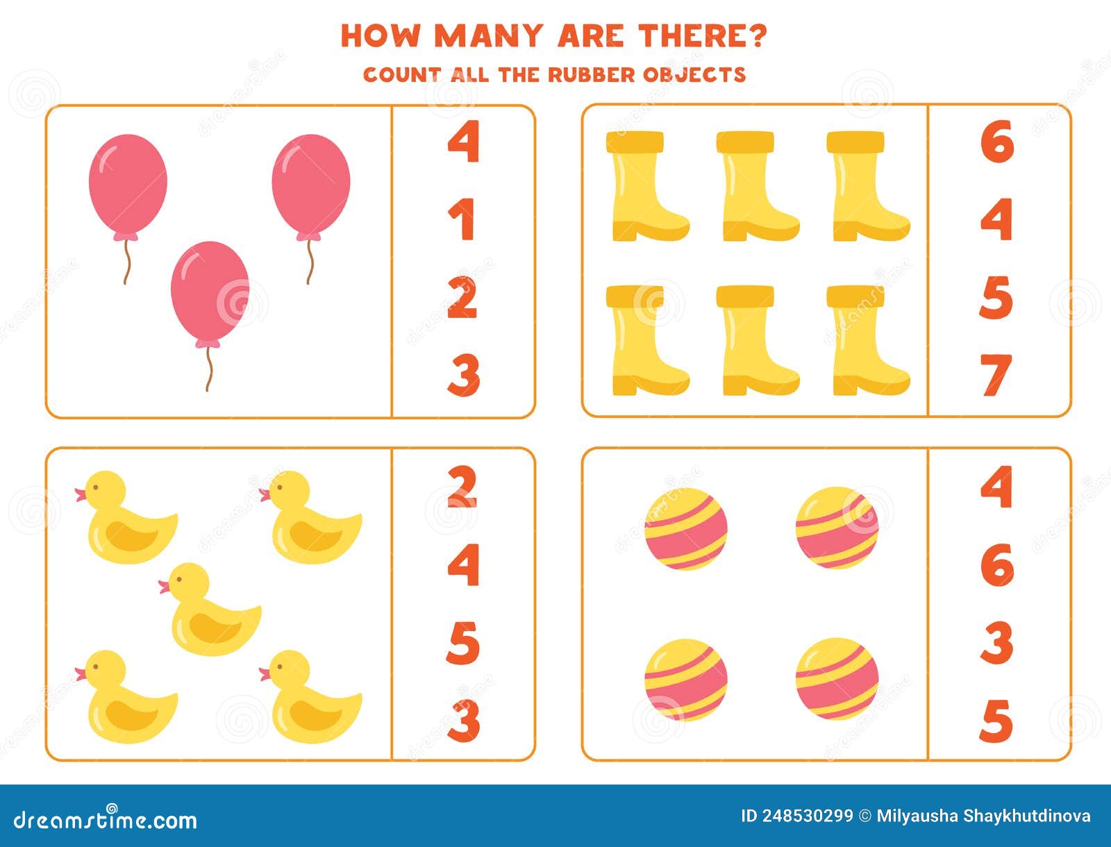 Counting Game with Cartoon Rubber Objects. Educational Worksheet. Stock ...