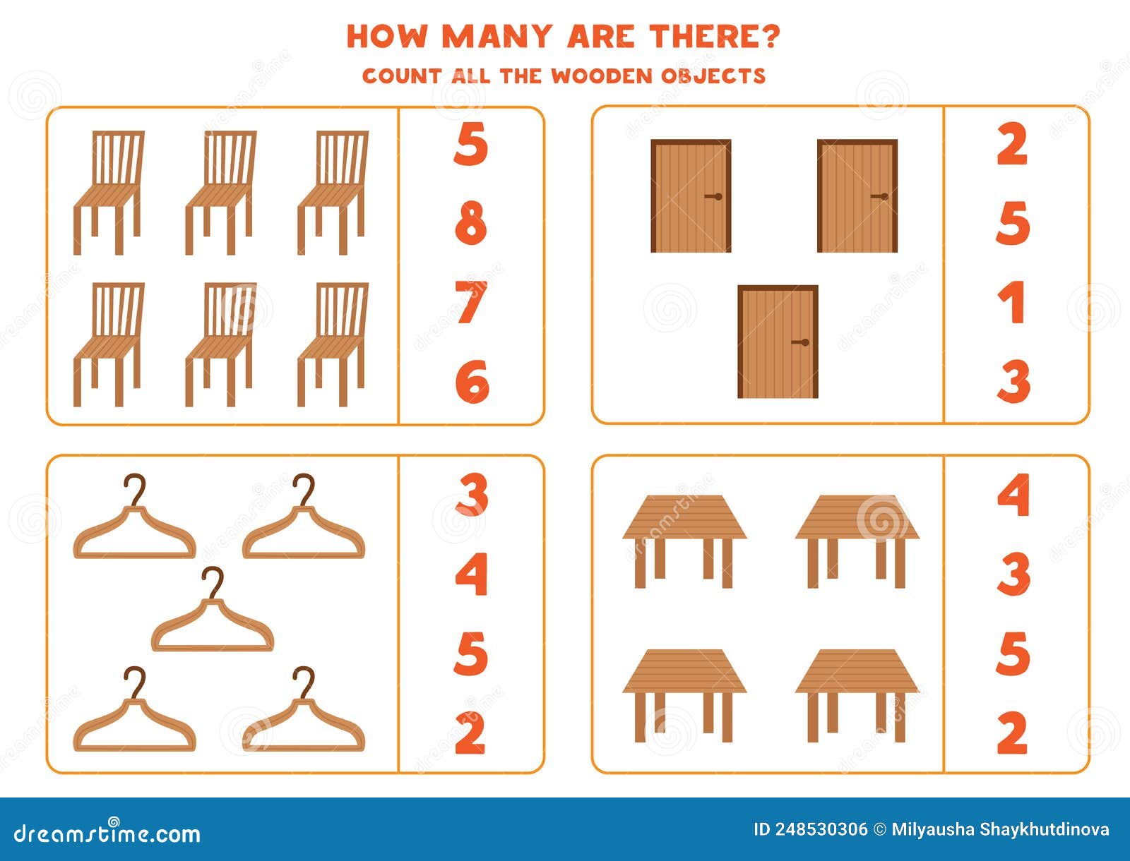 Counting Game with Cartoon Wooden Objects. Educational Worksheet. Stock ...