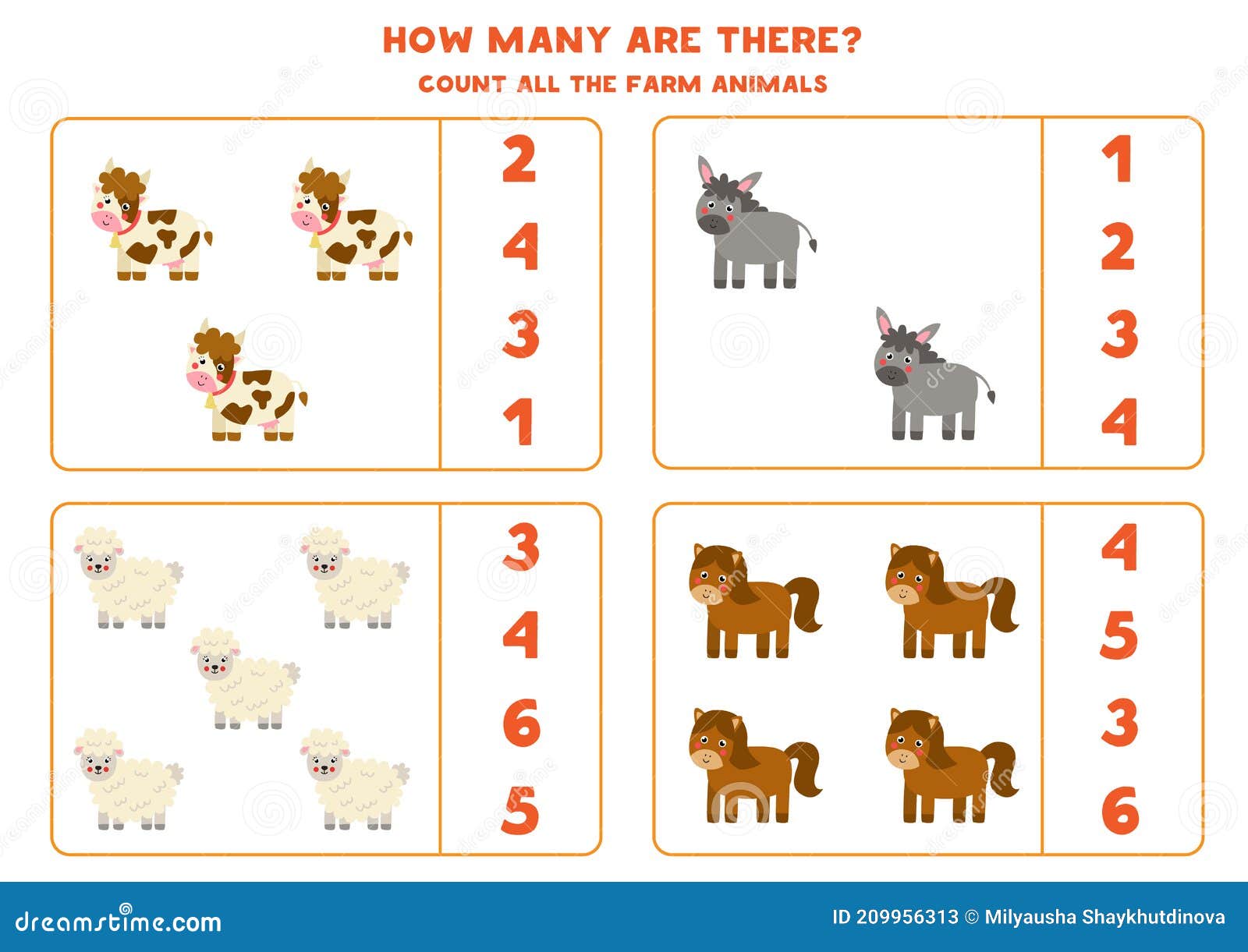 Counting Game with Farm Animals. Math Worksheet. Stock Vector ... Counting Game with Farm Animals. Math Worksheet. Stock Vector ...