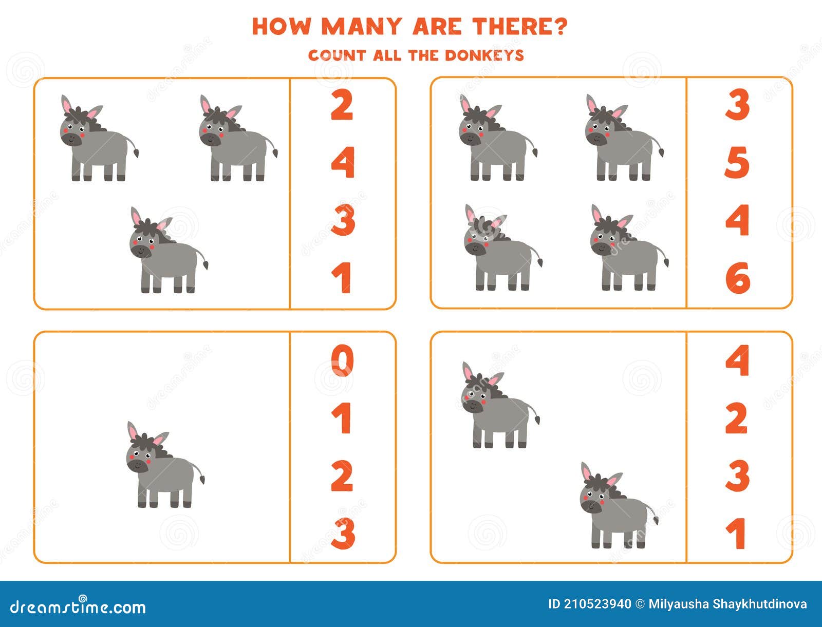 Counting Game with Farm Donkeys. Math Worksheet. Stock Vector ...