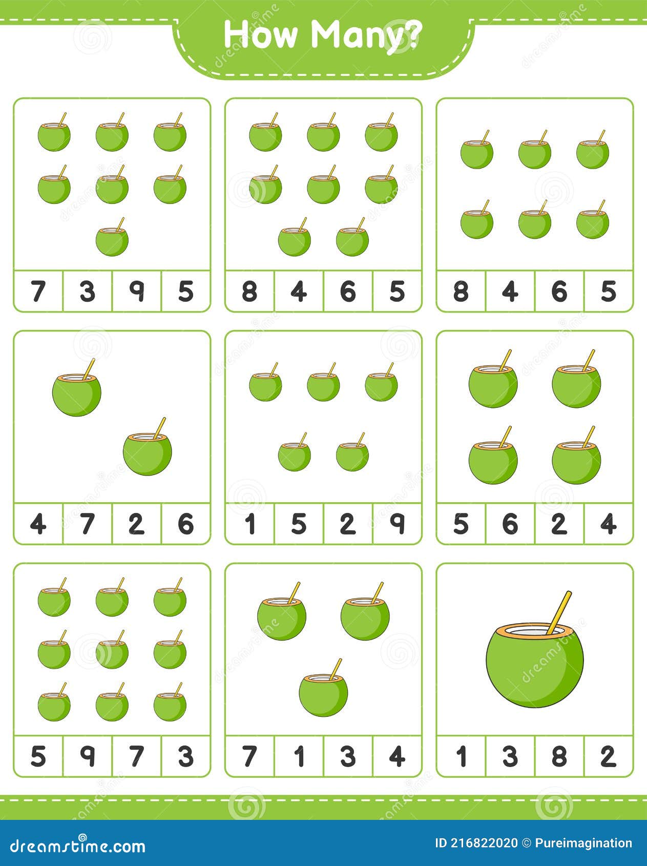 Counting Game, How Many Coconut. Educational Children Game, Printable ...