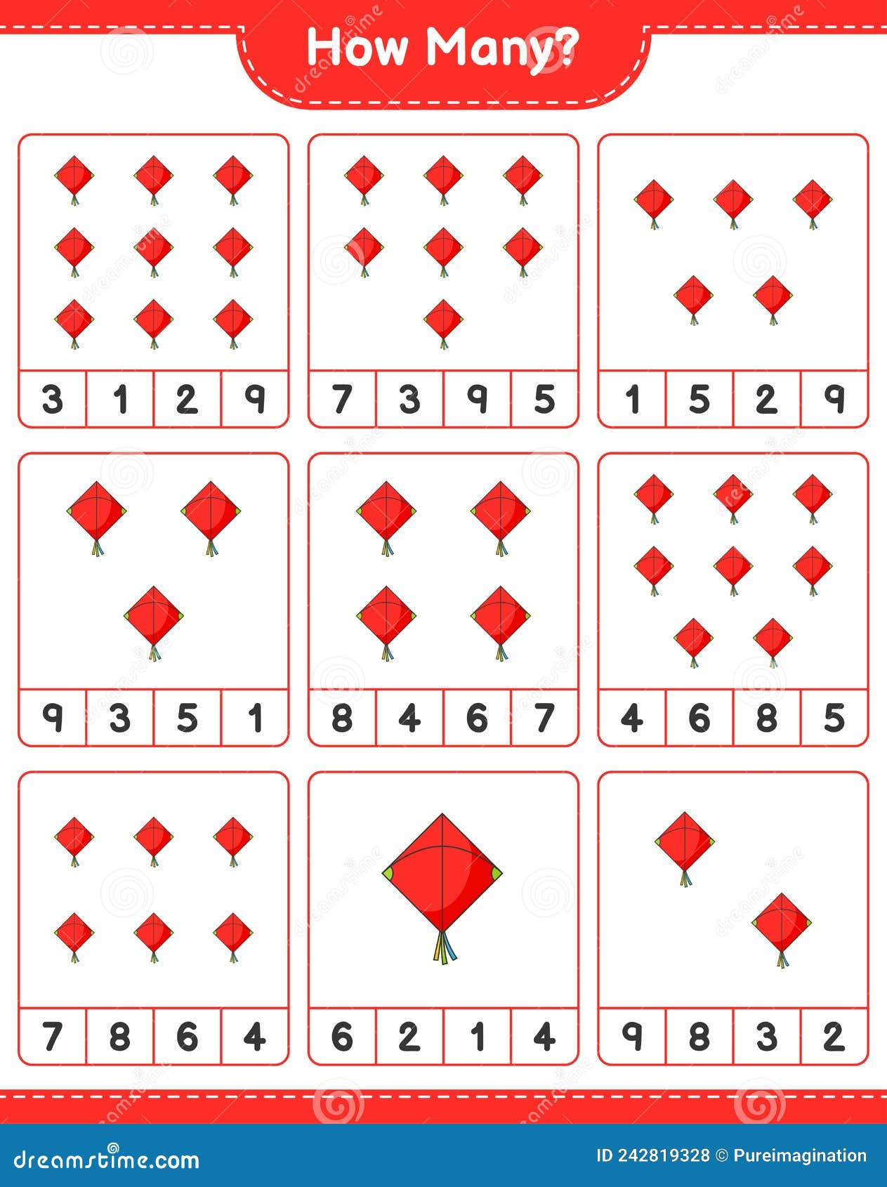 Counting Game, How Many Kite. Educational Children Game, Printable ...