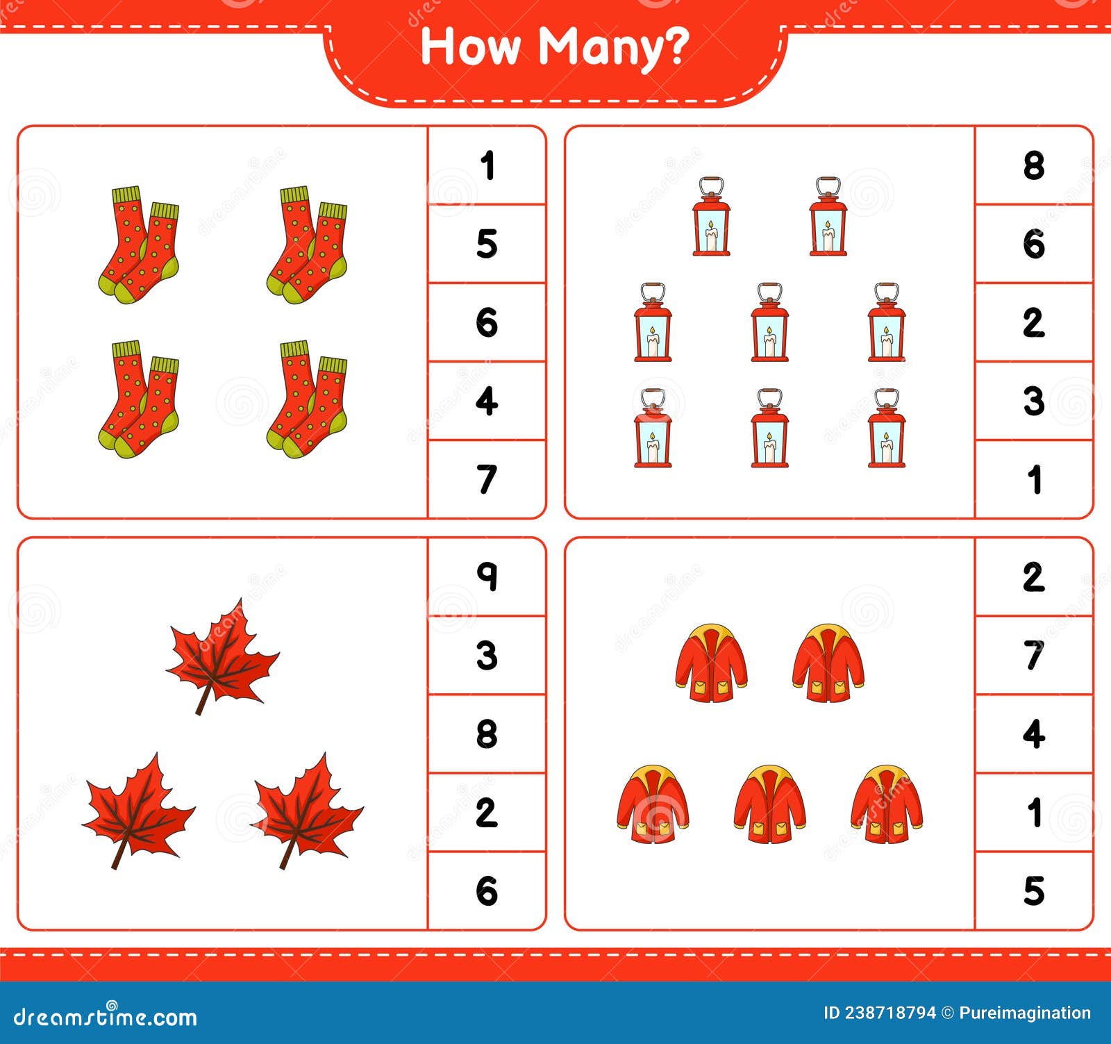 Counting Game, How Many Lantern, Socks, Warm Clothes, and Maple Leaf ...