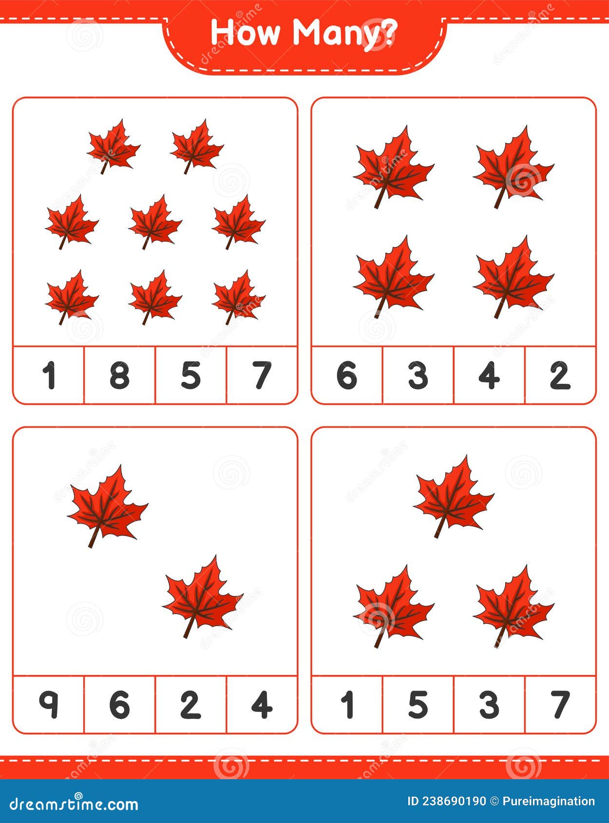 Counting Game, How Many Maple Leaf. Educational Children Game, Printable Worksheet, Vector ...