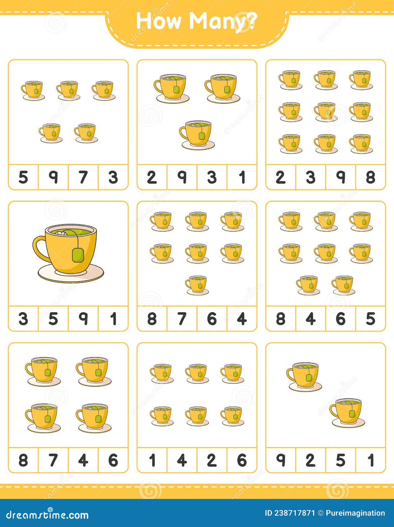 Counting Game, How Many Tea Cup. Educational Children Game, Printable ...