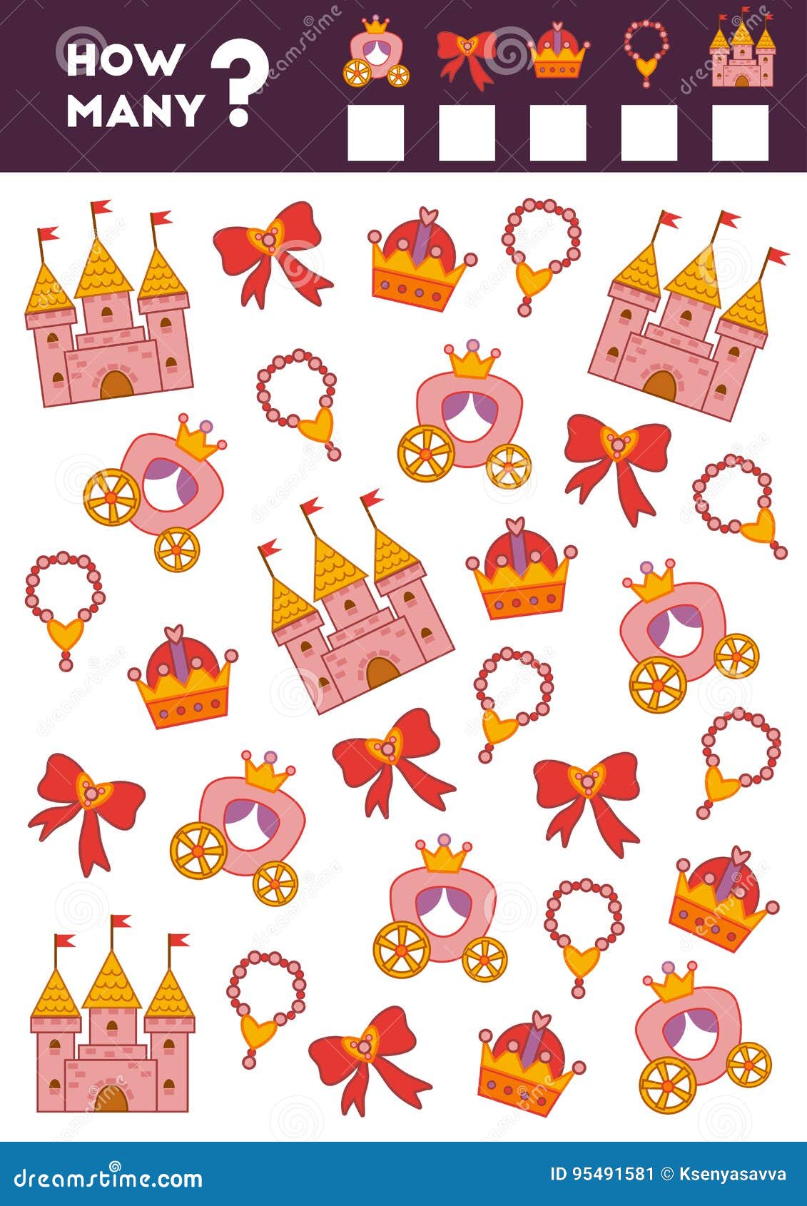 Counting Game for Preschool Children. Princess Objects Stock Vector ...