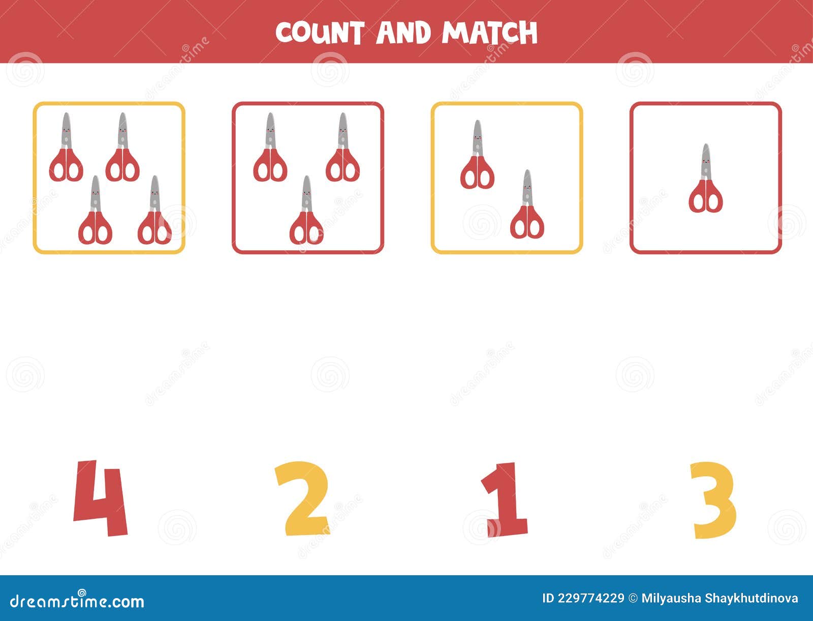 Counting Game with Red Scissors. Math Worksheet. Stock Vector ...