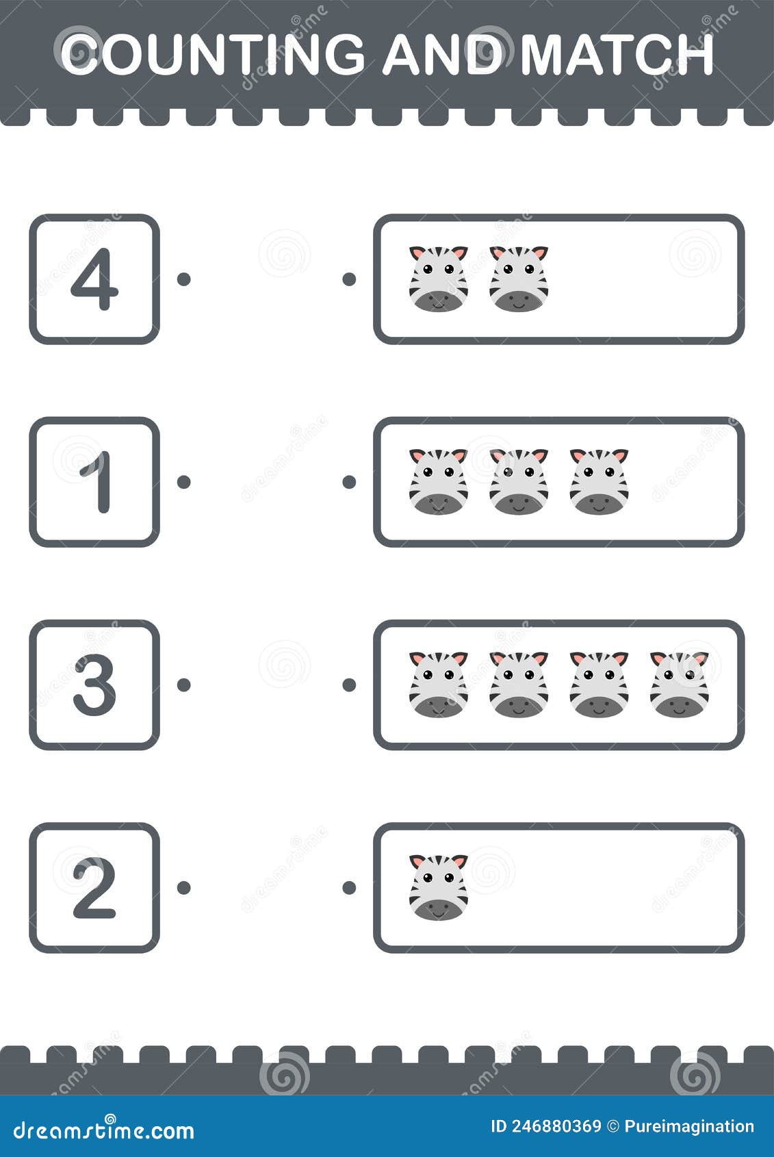 Counting and Match Zebra Face. Worksheet for Kids Stock Vector ...