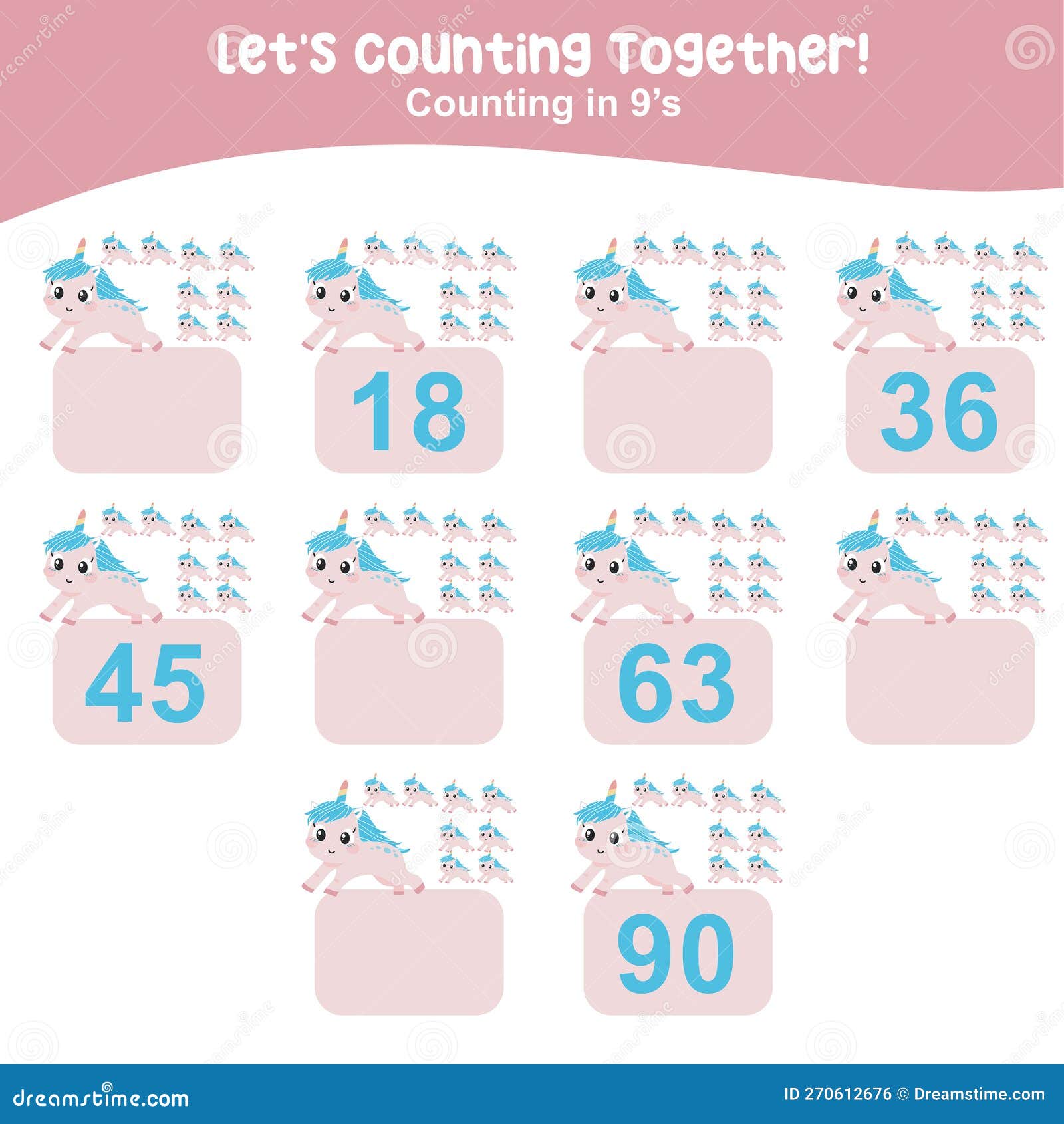 Counting by Nine S the Kawaii Unicorn Practising Math in Multiple of 9s ...
