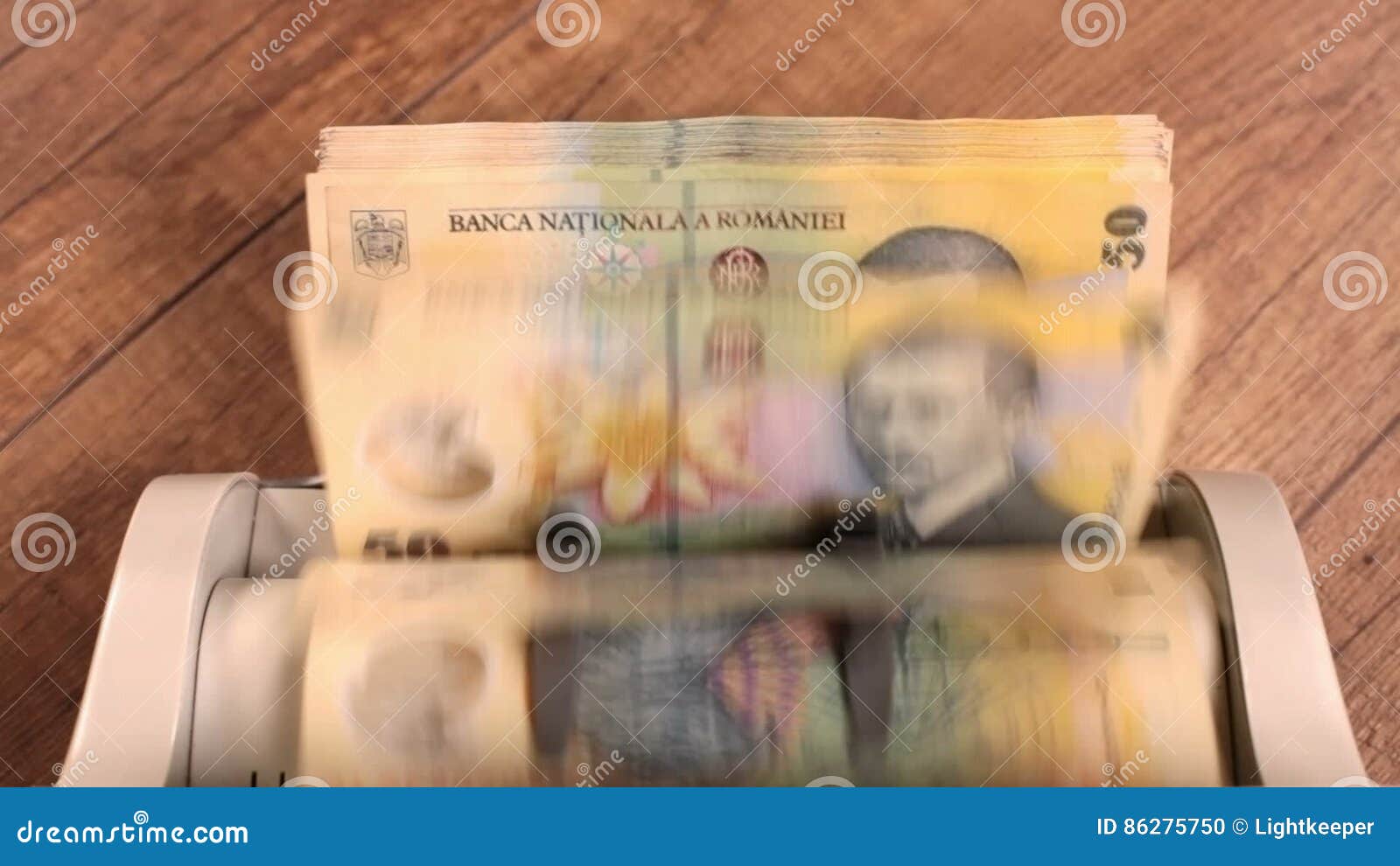 Counting Romanian Fifty Lei Bills with Counter Machine - Top View Stock ...