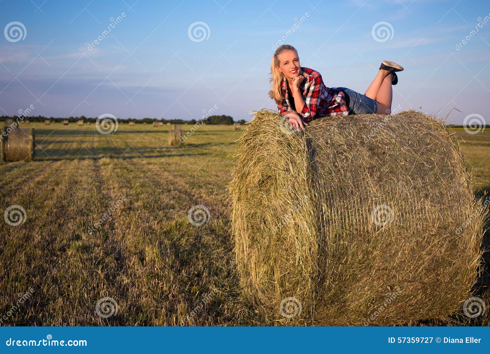 Country Concept - Beautiful Romantic Woman Lying on Haystack in Stock ...