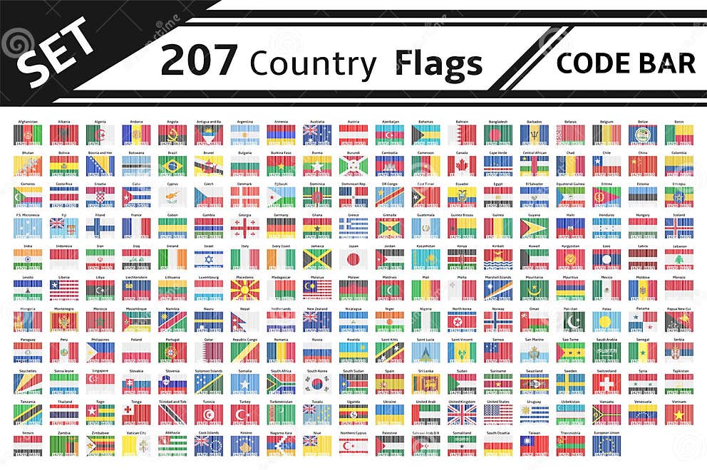207 country flags code bar stock vector. Illustration of nations - 88425024