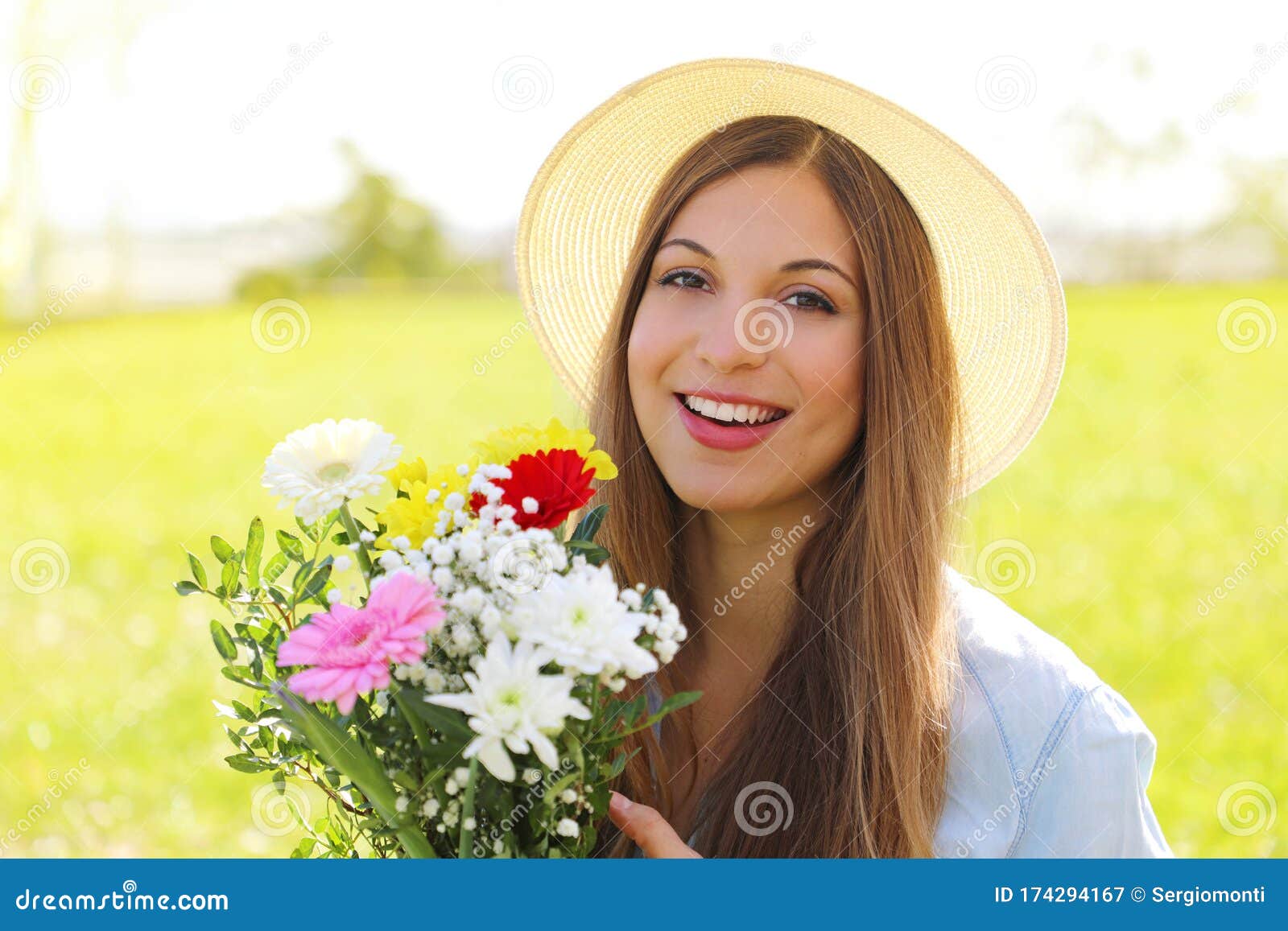 Country Girl with Bunch of Flowers in Fields Stock Image - Image of ...
