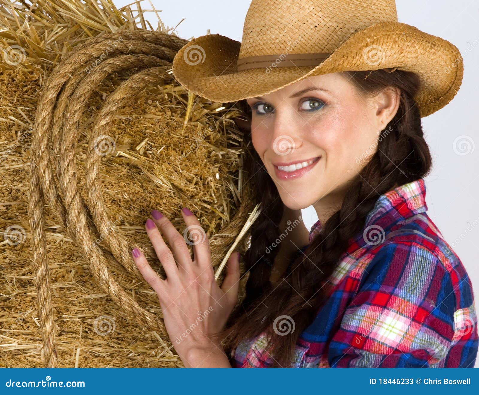 Country Girl Smiling Holding Straw Bale & Rope Stock Image - Image of ...
