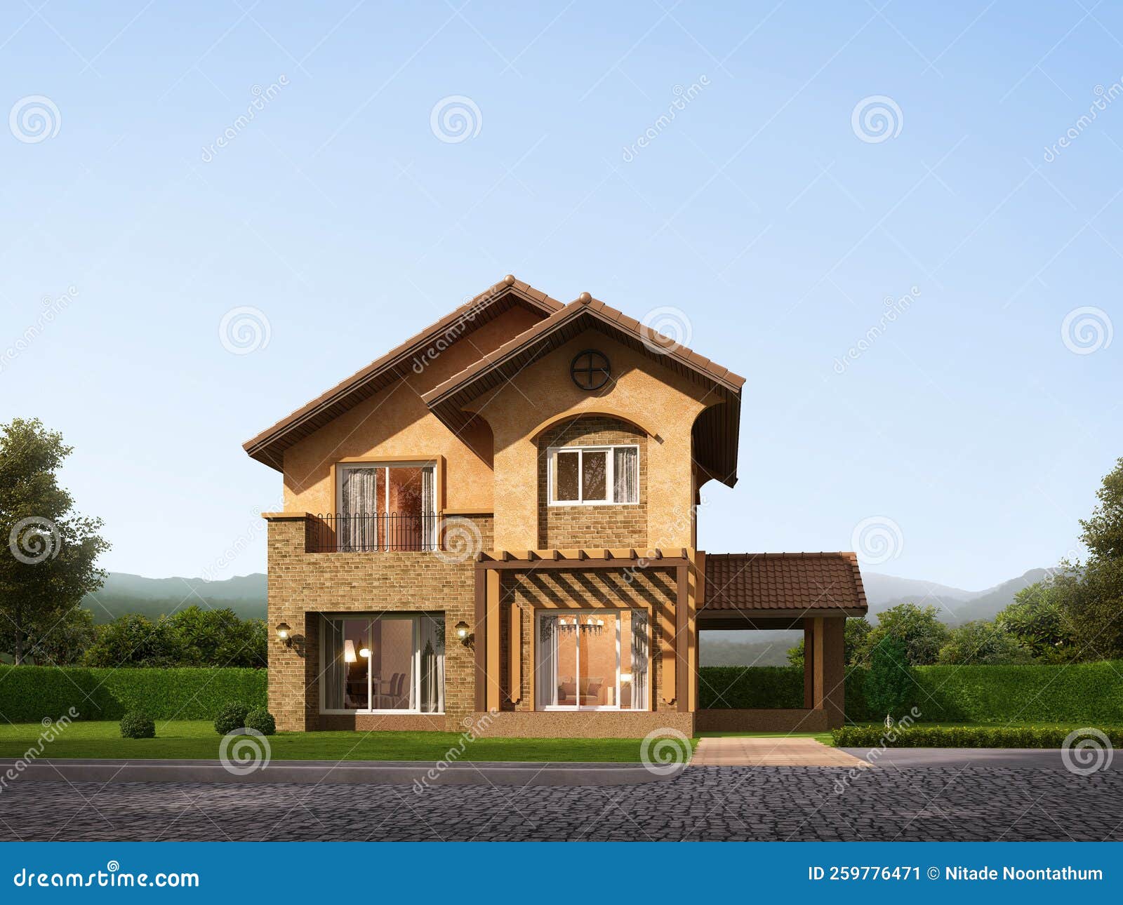 Country House Front View with Lawn and Blue Sky Background Stock ...