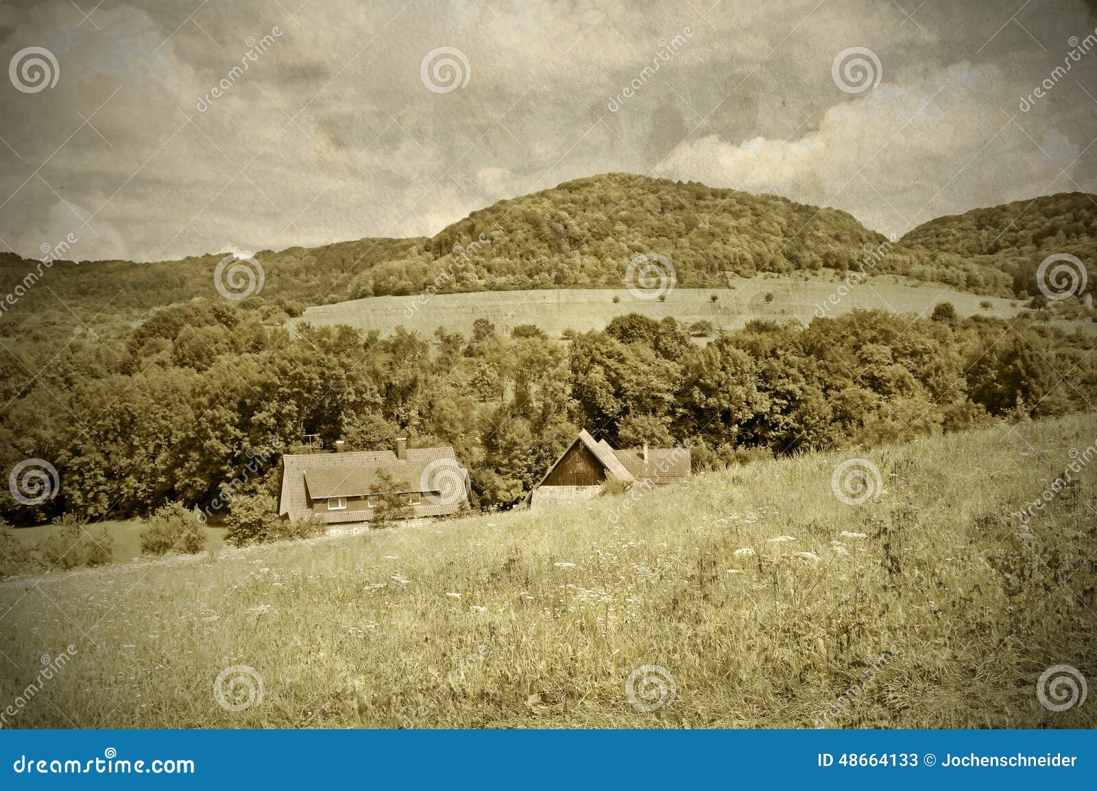 Country Idyll with Old Farmhouse Stock Image - Image of monochrome ...