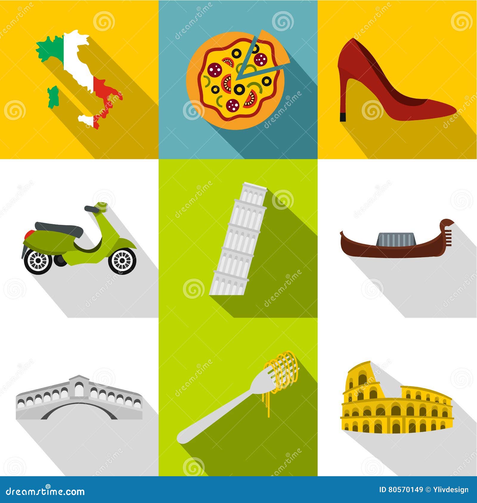 Country Italy Icons Set, Flat Style Stock Vector - Illustration of ...