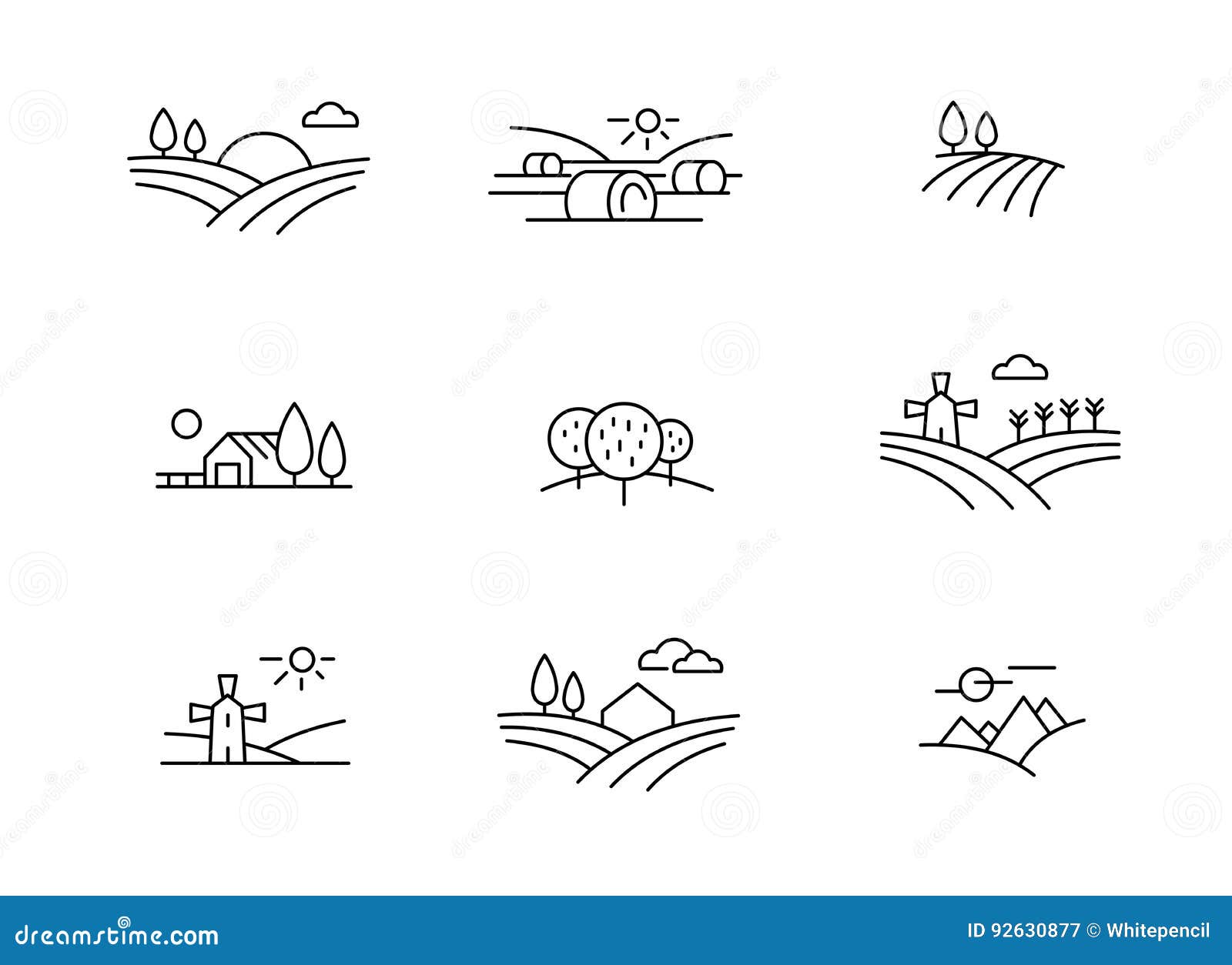 Landscape Icons Banner. Bridge, Forest, Garden, Volcano, Windmill ...
